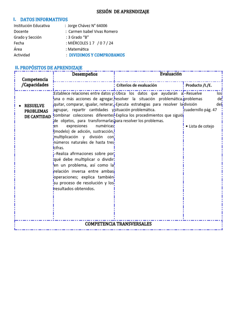 Sesión de Aprendizaje Mat Dividimos y Comprobamos 2 | PDF | Aprendizaje ...