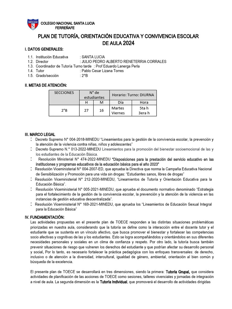 Plan de Tutoría Aula 2do Sec - 2024 | PDF | Salón de clases | Enseñando