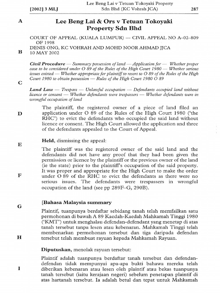 LEE BENG LAI & ORS V TETUAN TOKOYAKI PROPERTY SDN BHD | PDF
