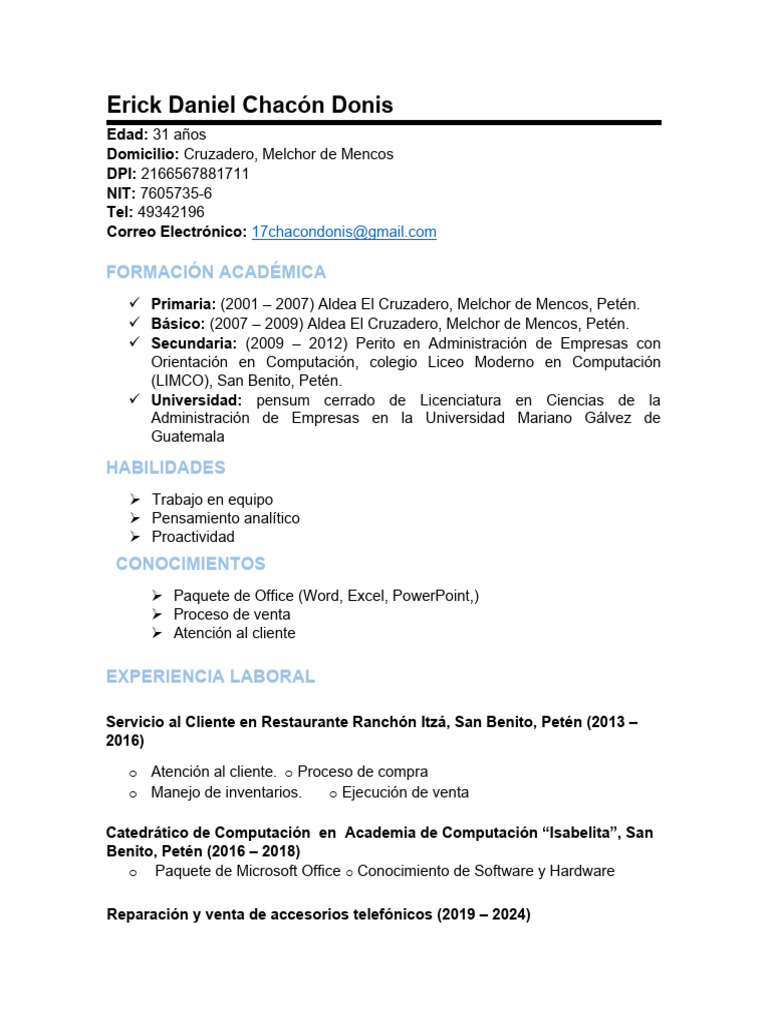 Perfil Profesional de Erick Chacón Donis | PDF