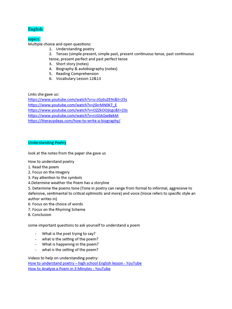 English Study Guide | PDF | Poetry | Rhyme