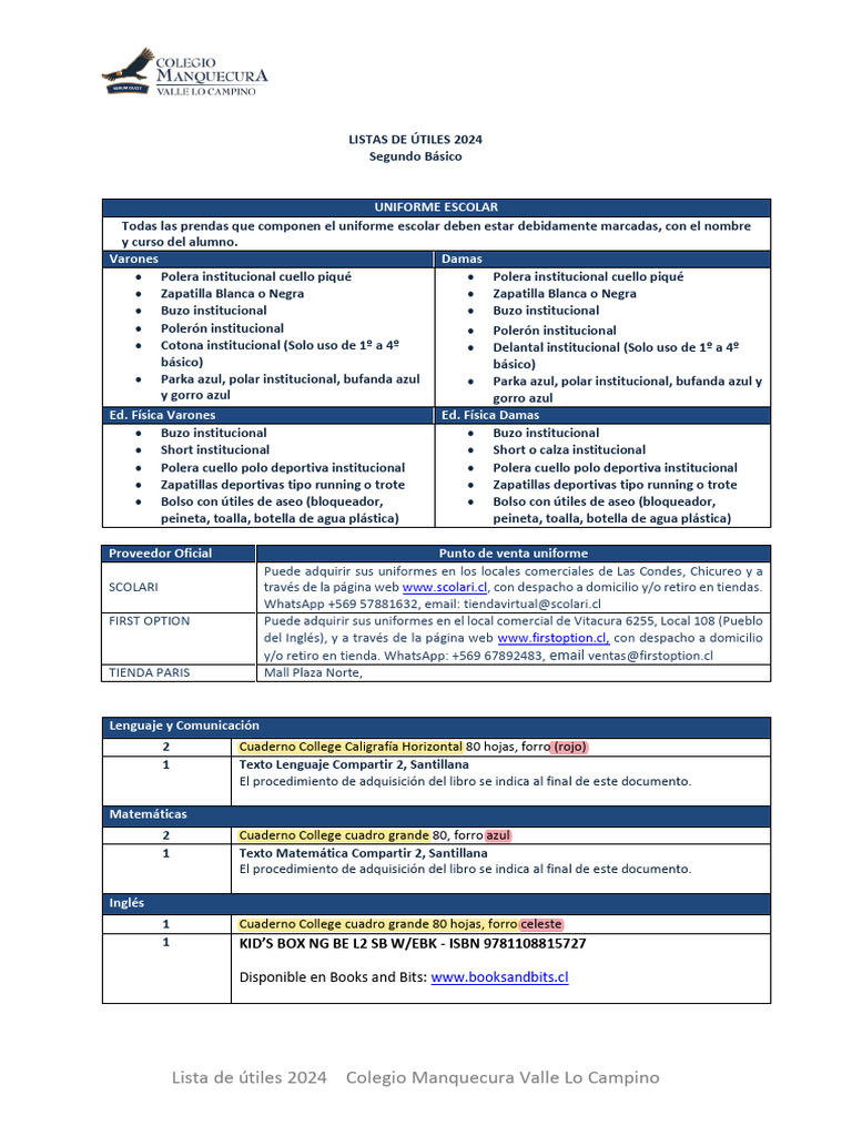Útiles Escolares 2024: Colegio Manquecura | PDF | Lápiz | Implementos ...