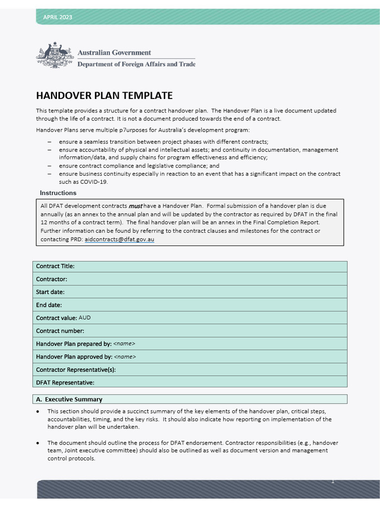Dfat Handover Plan Template | PDF | Regulatory Compliance | Information