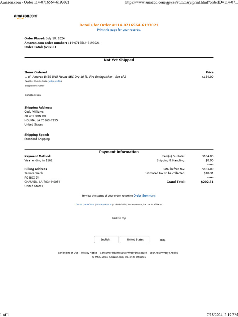 Order 114-0716564-6193021 - Fire Extinguishers | PDF | Economies | Payments