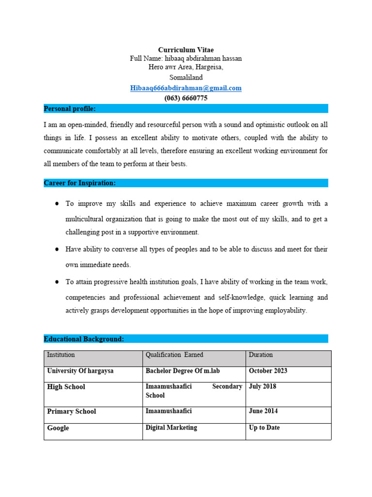 Hibaaq CV | PDF | Cognition | Learning