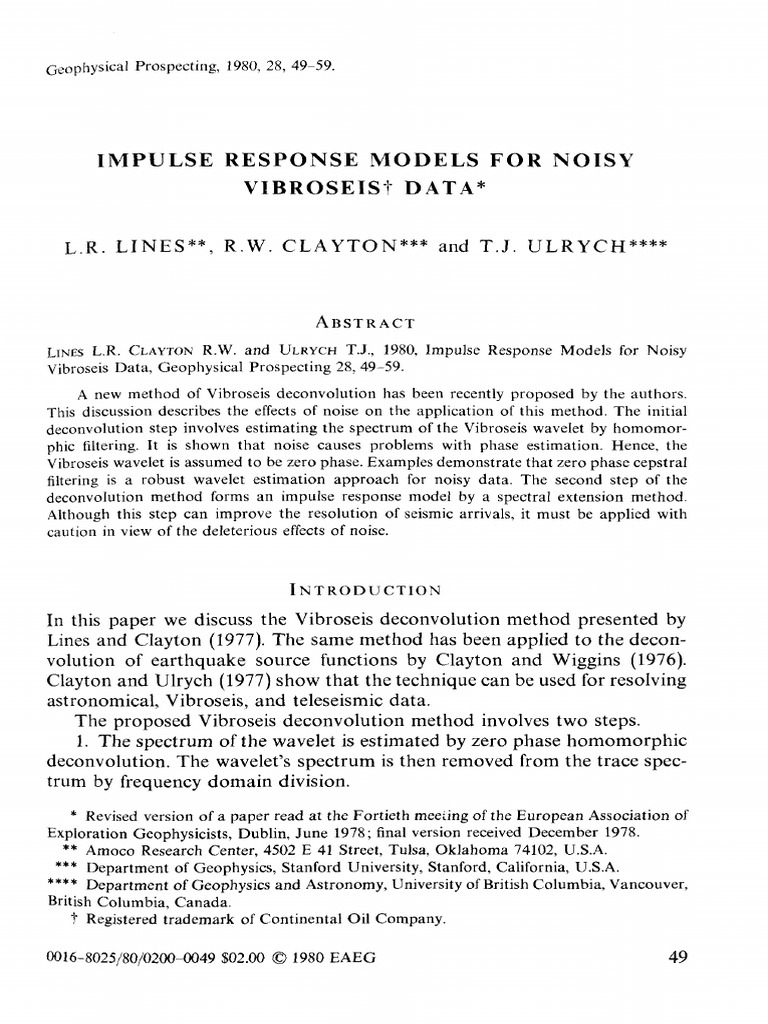Impulse Response Models For Noisy Vibroseis Data | PDF
