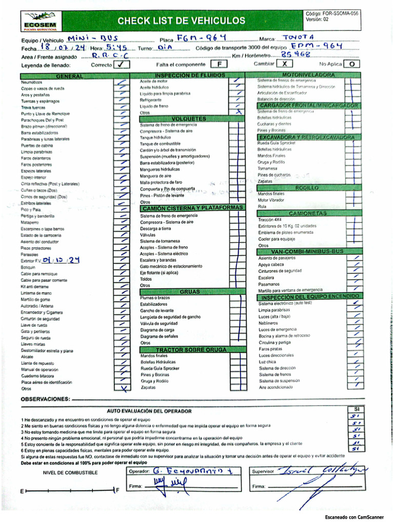 Check List Vehículo 18-07-2024 | PDF