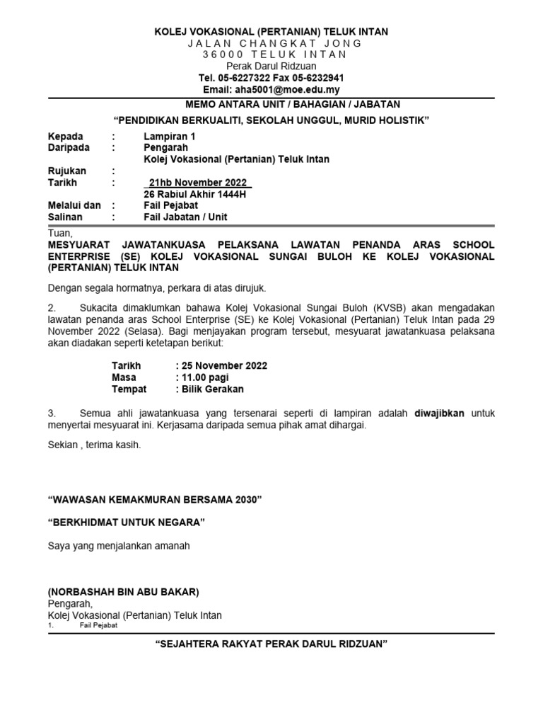 Memo Mesyuarat Lawatan KVSB | PDF