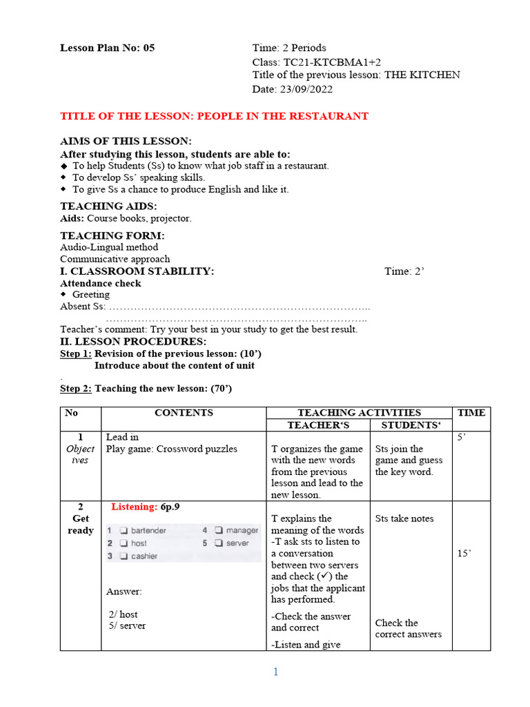 Unit3-Lesson Plan 6 - 2T-People in A restaurant-GA Tích H P | PDF ...