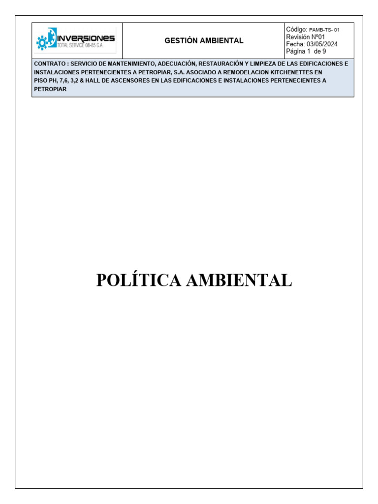 Pamb-Ts-01 Politica Ambiental | PDF | Entorno natural | Residuos