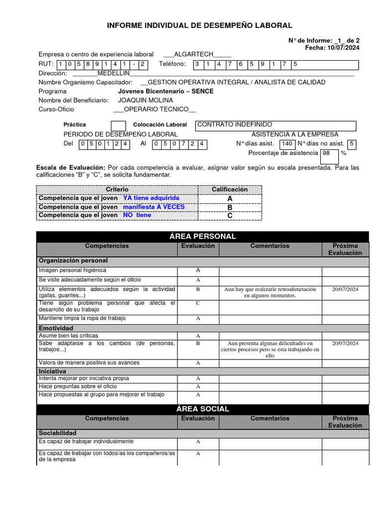 Informe Laboral | PDF | Evaluación | Business