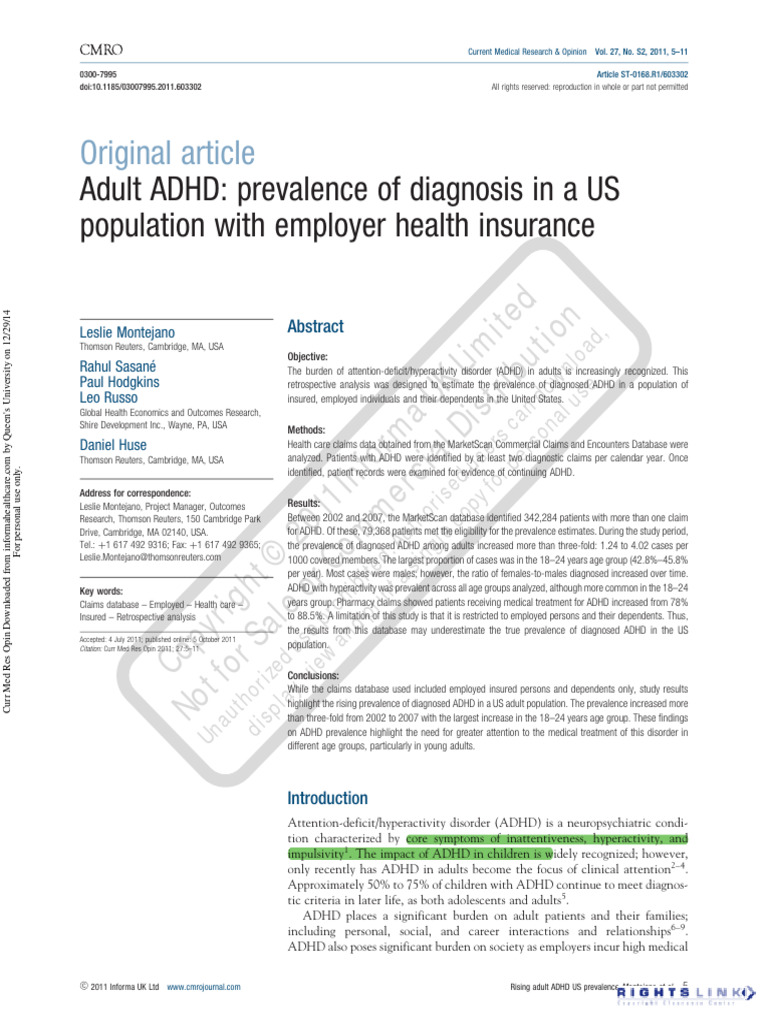 Adult ADHD Prevalence of Diagnosis in A US | PDF | Attention Deficit ...