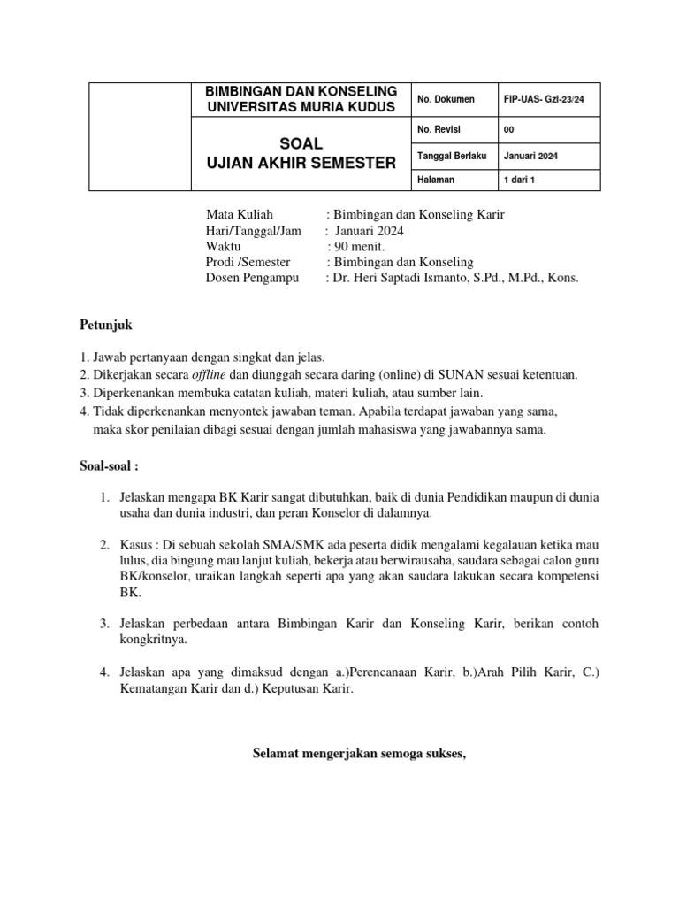 Soal Uas BK Karir Umk 2024 | PDF