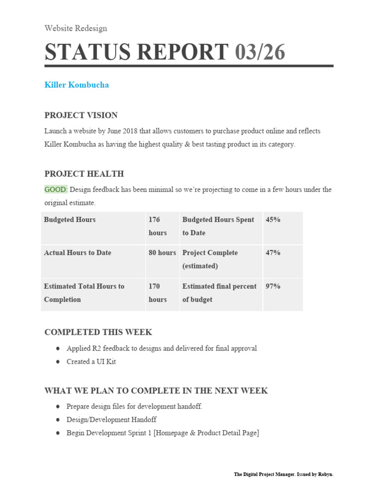Weekly Project Status Report Example - Killer Kombucha | PDF | Computers