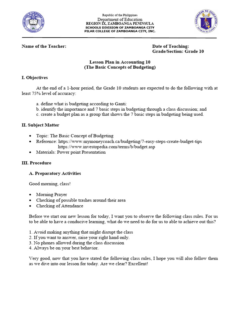Lesson Plan in Budgeting | PDF | Expense | Budget