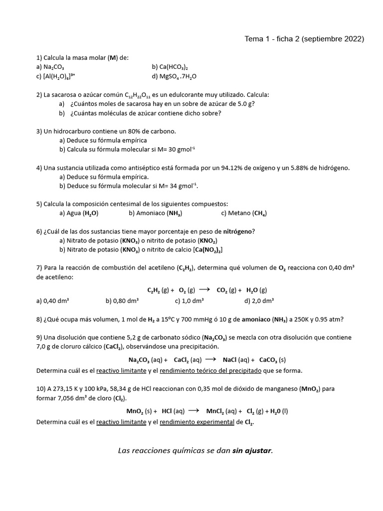 Basic chem worksheet spanish n2 | PDF