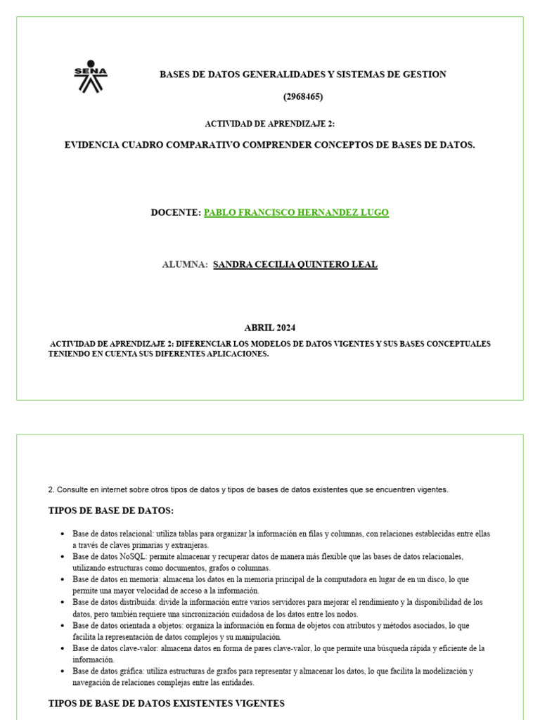 evidencia cuadro comparativo comprender bases de datos | PDF | Bases de datos | No Sql