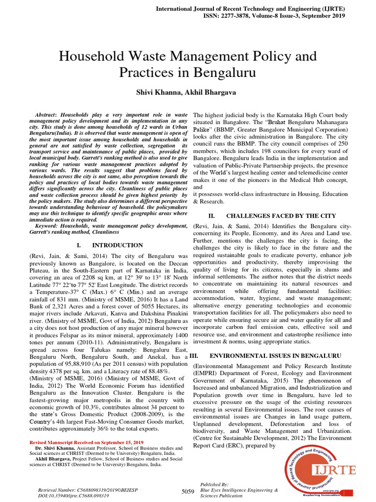 Bengaluru Waste Management Study | PDF | Waste Management | Waste