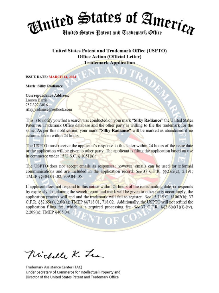 USPTO Abandonment Notice - Silky Radiance (Lauren Harris) | PDF