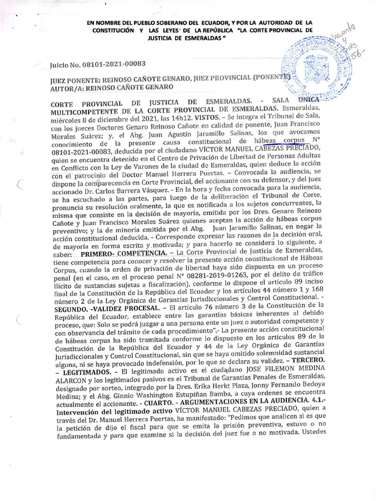 Habeas Corpus en Esmeraldas: Caso 08101-2021 | PDF | Habeas corpus ...