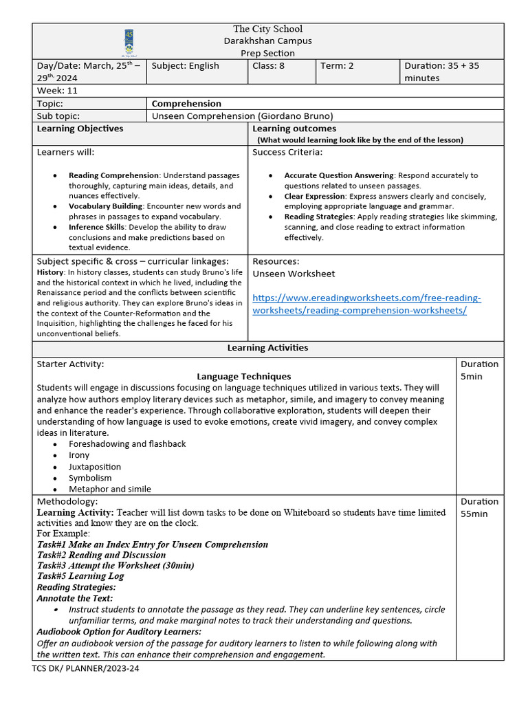 English Planner (Week 11) | PDF | Adverb | Reading Comprehension