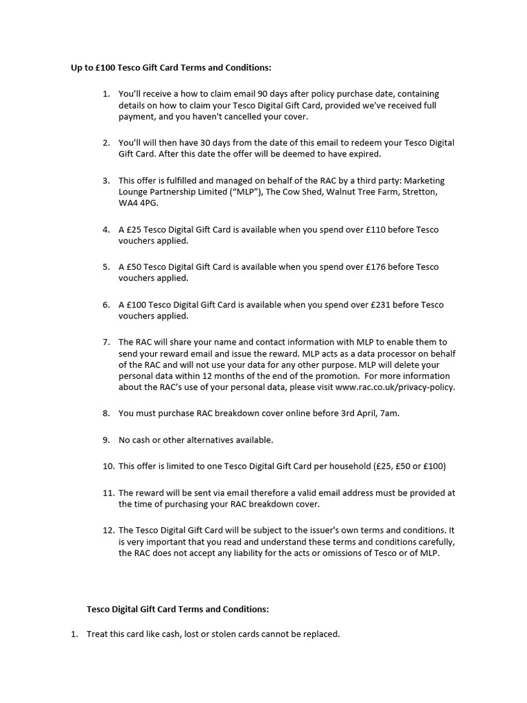 RAC100 TescoGiftCard TCs | PDF | Gift Card | Tesco