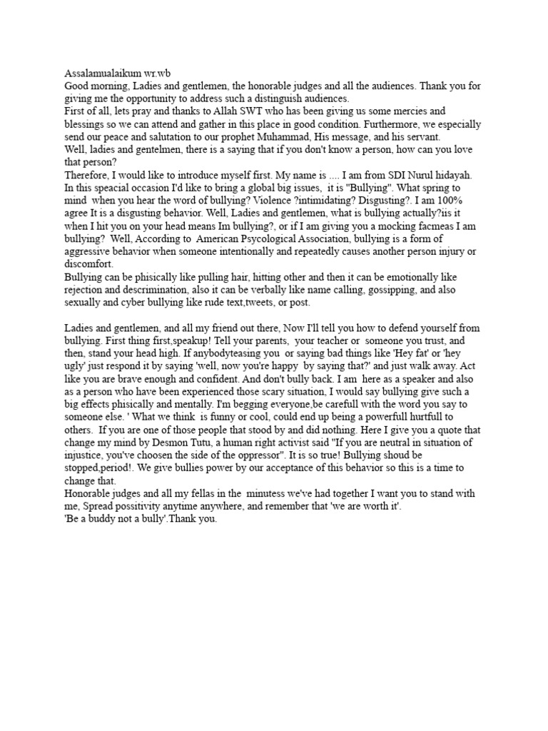 Bullying Speech | PDF | Bullying | Social Psychology