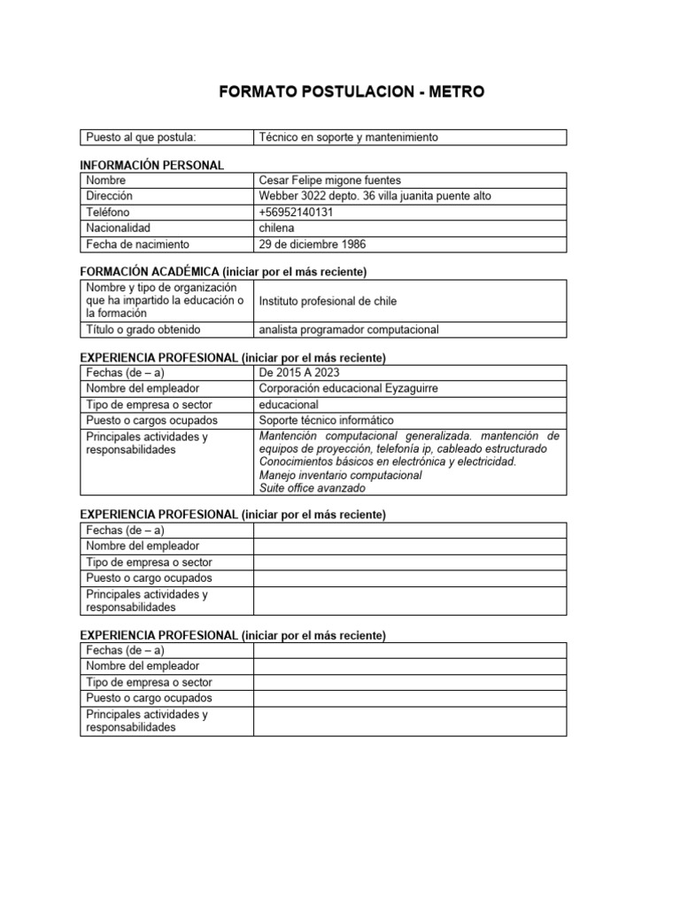 Formato Ficha Postulacion Metro | PDF