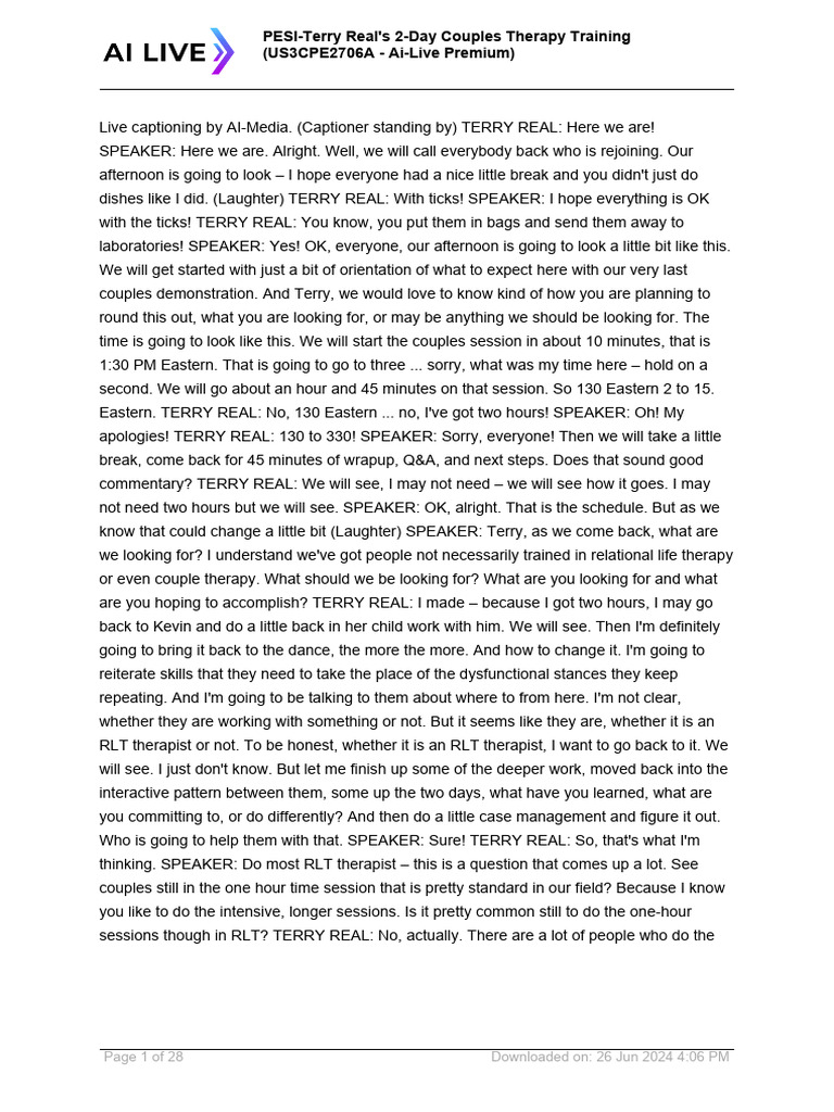 Transcript Terry Reals 2day Couples Therapy Day 2 PM | PDF | Empathy ...