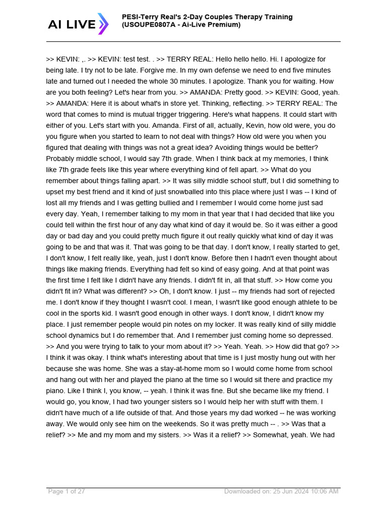 Transcript Terry Reals 2day Couples Therapy Day 1 PM | PDF | Self ...
