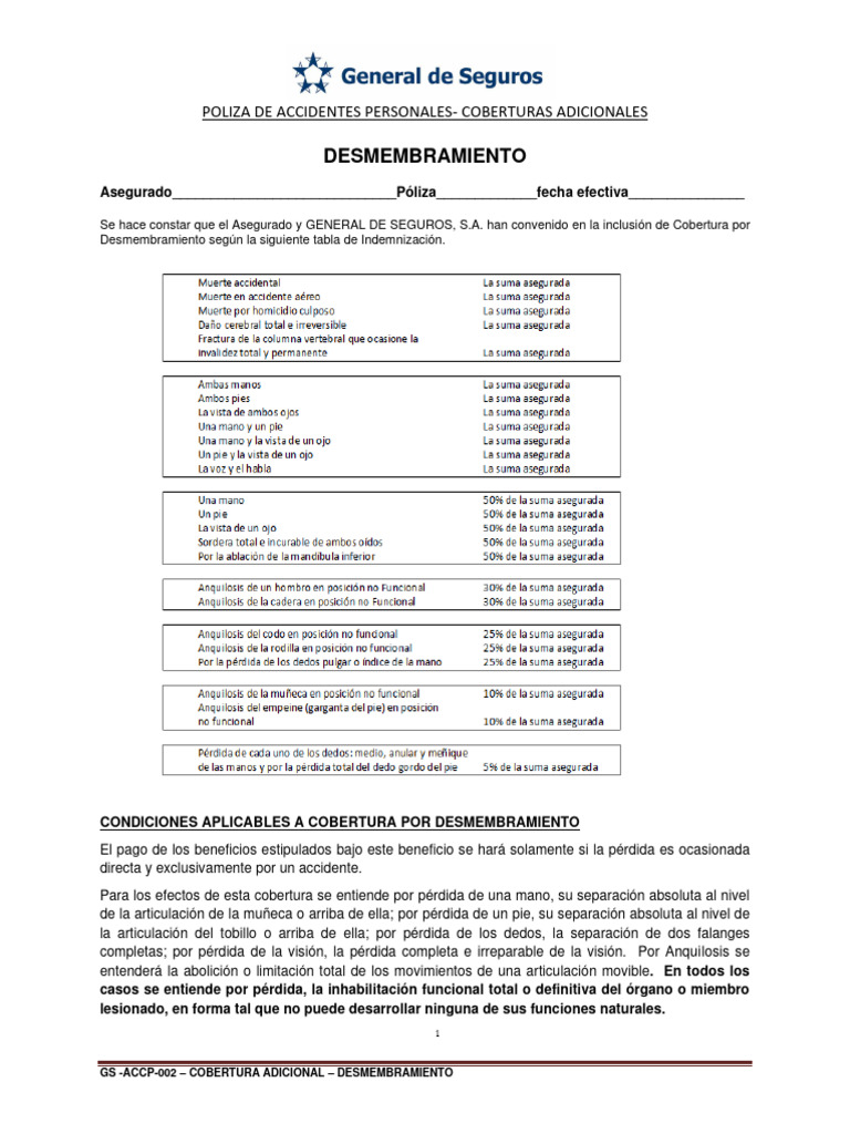 Accidentes Personales Bancaseguro - Desmembramiento | PDF | Póliza de ...