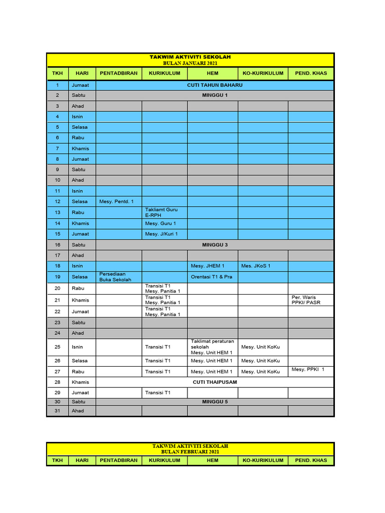 Takwim Aktiviti SKTL 2021 | PDF