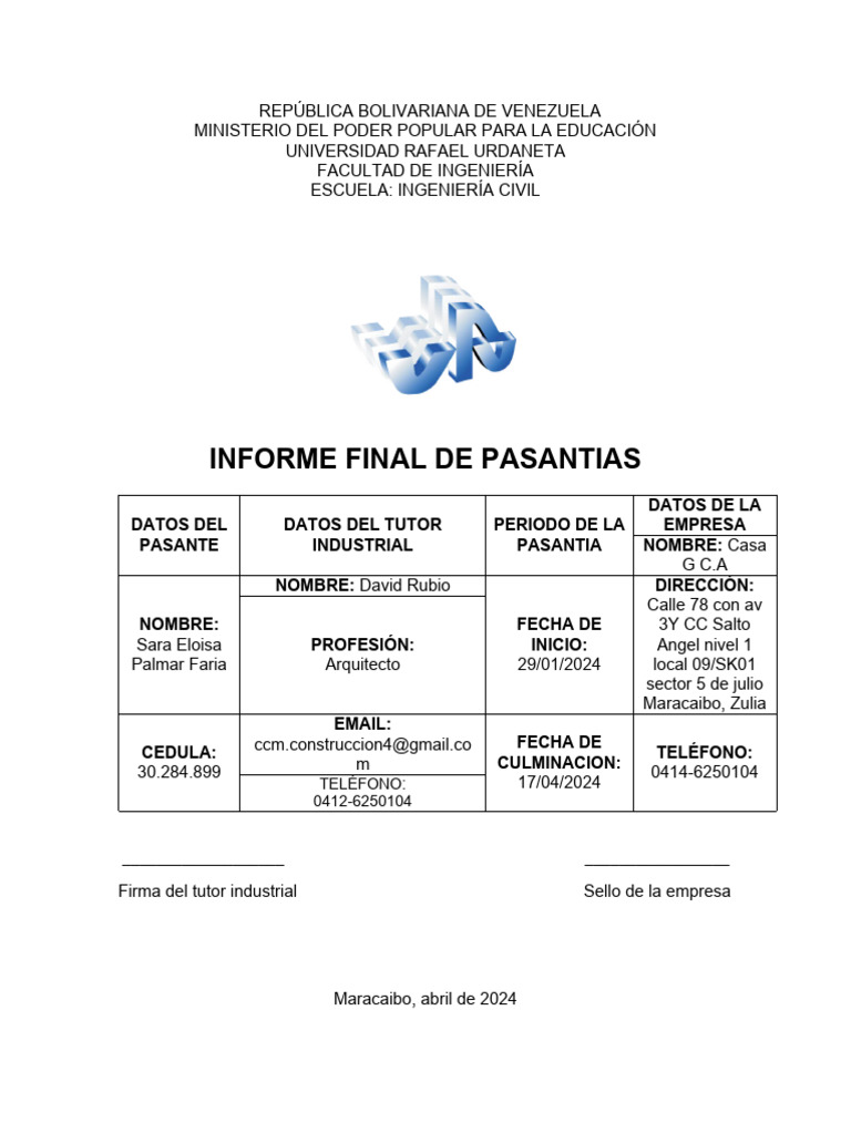 INFORME FINAL PASANTIAS Sara Palmar | PDF | Hormigón pretensado | Albañilería