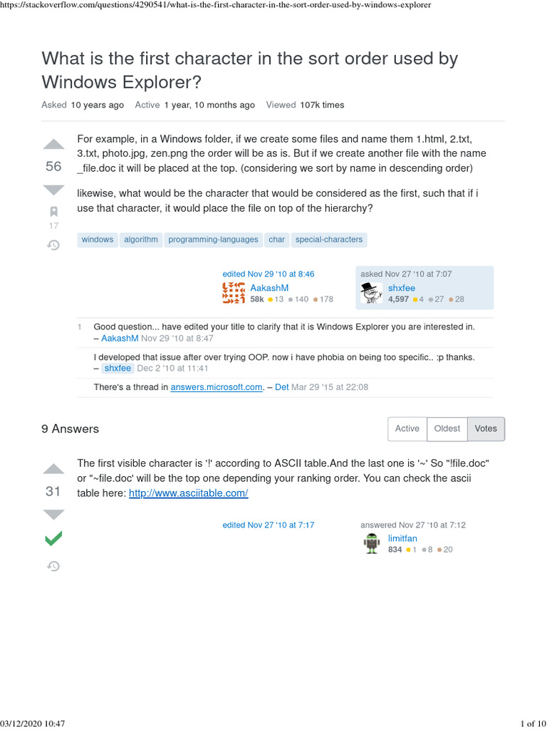 Algorithm - What Is The First Character in The Sort Order Used by Windows Explorer - Stack ...