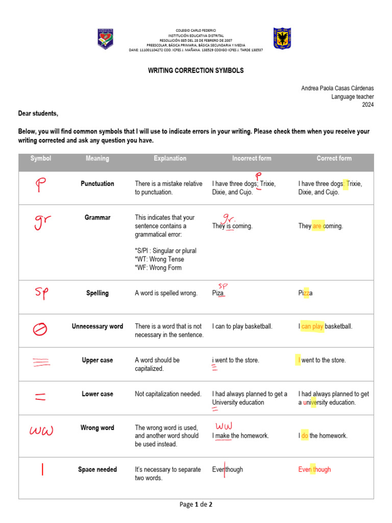 Writing Correction Symbols | PDF | Pronoun | Morphology