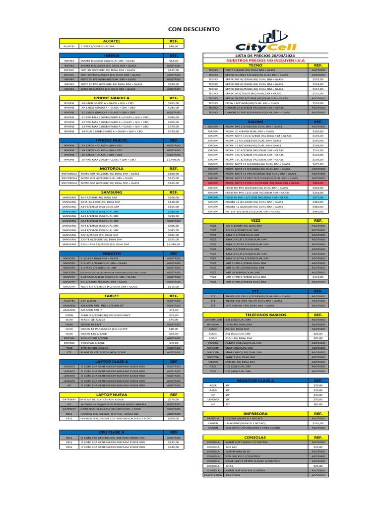 Lista de Precio Citycell Con Descuento 20-03-24 | PDF | Yo telefono | Tecnología de información ...