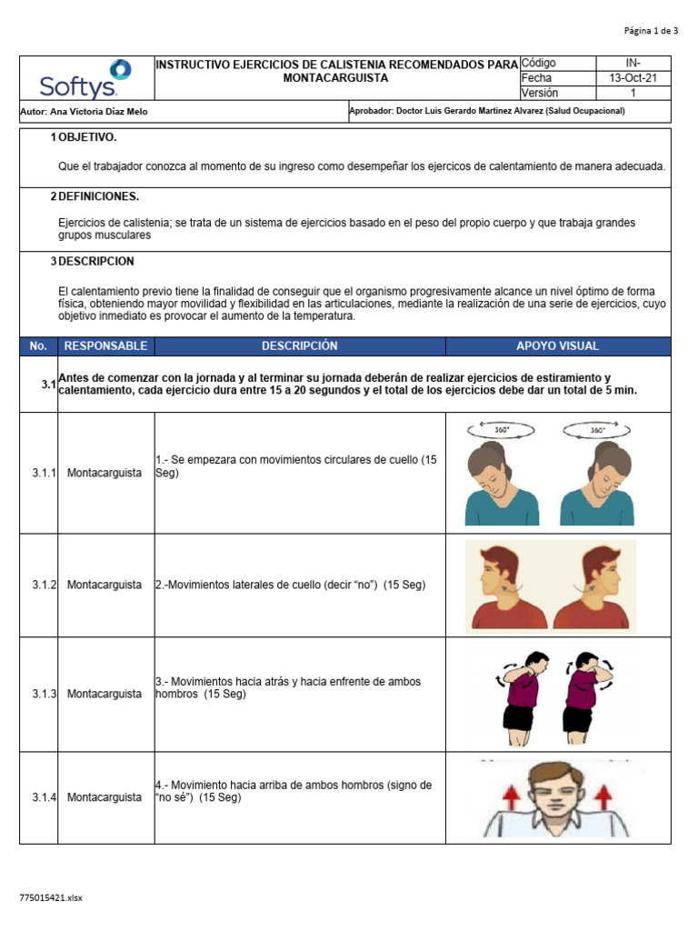 Instructivo Ejercicios de Calistenia Recomendados para Montacarguistas | PDF | Flexibilidad ...