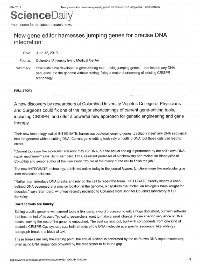 New Gene Editor Harnesses Jumping Genes For Precise DNA Integration | PDF