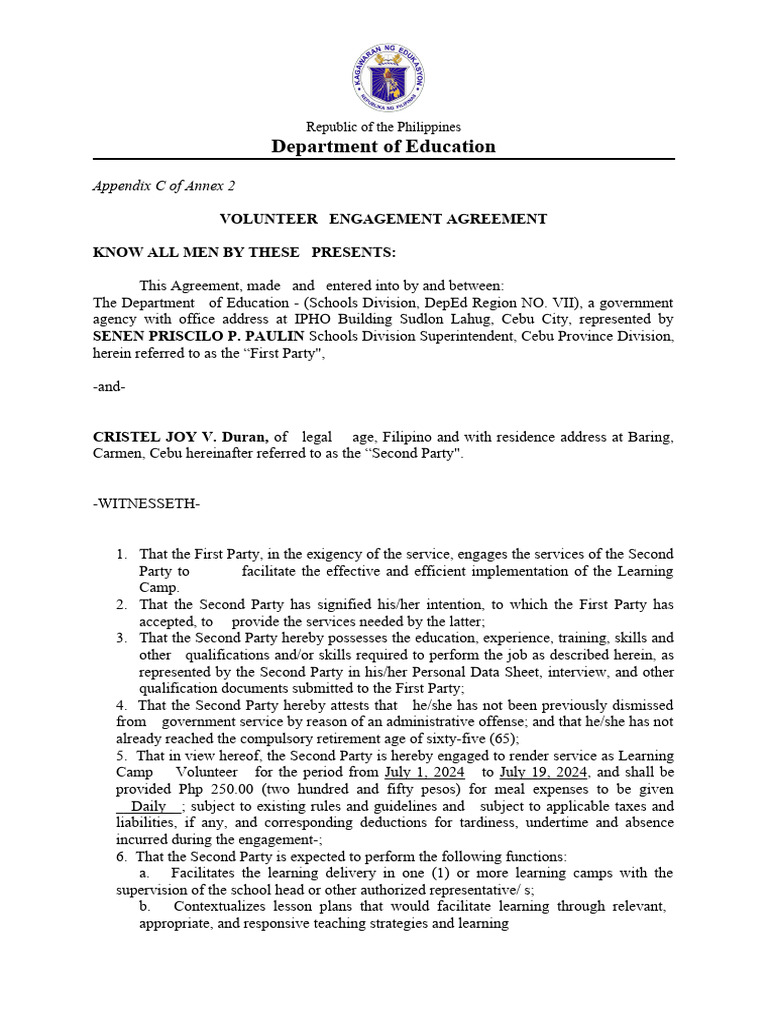 NLC Volunteer Engagement Agreement | PDF | Learning