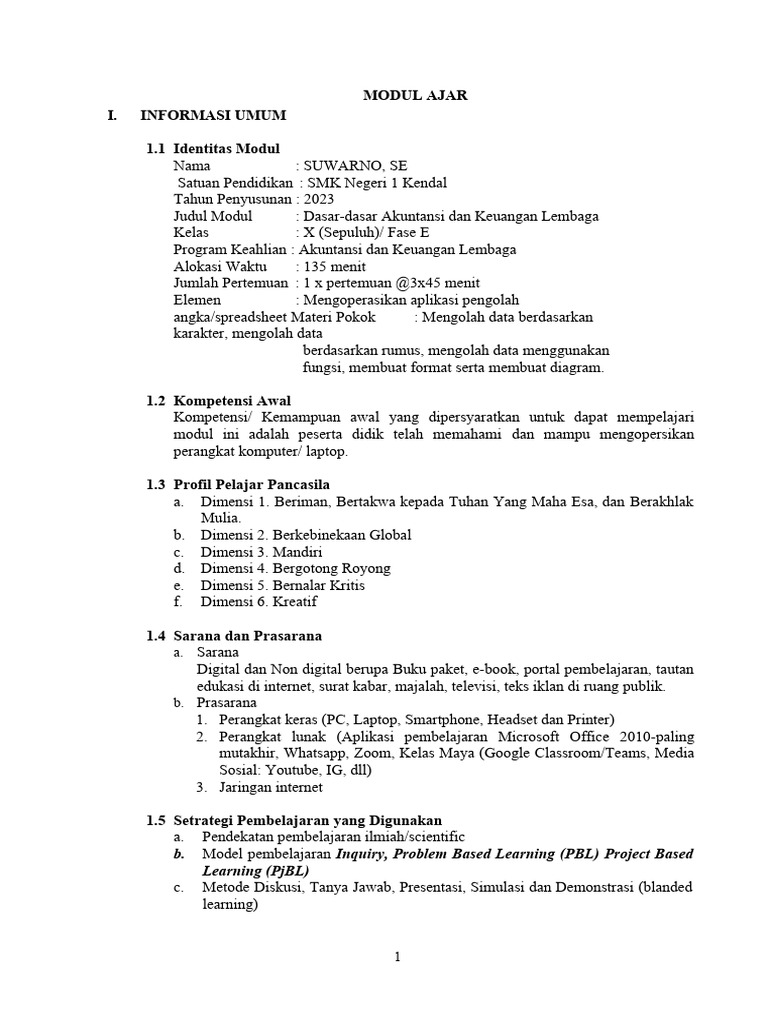 Modul Ajar Mengoperasikan Aplikasi Pengolah Angka-Spreadsheet X - Suwarno | PDF