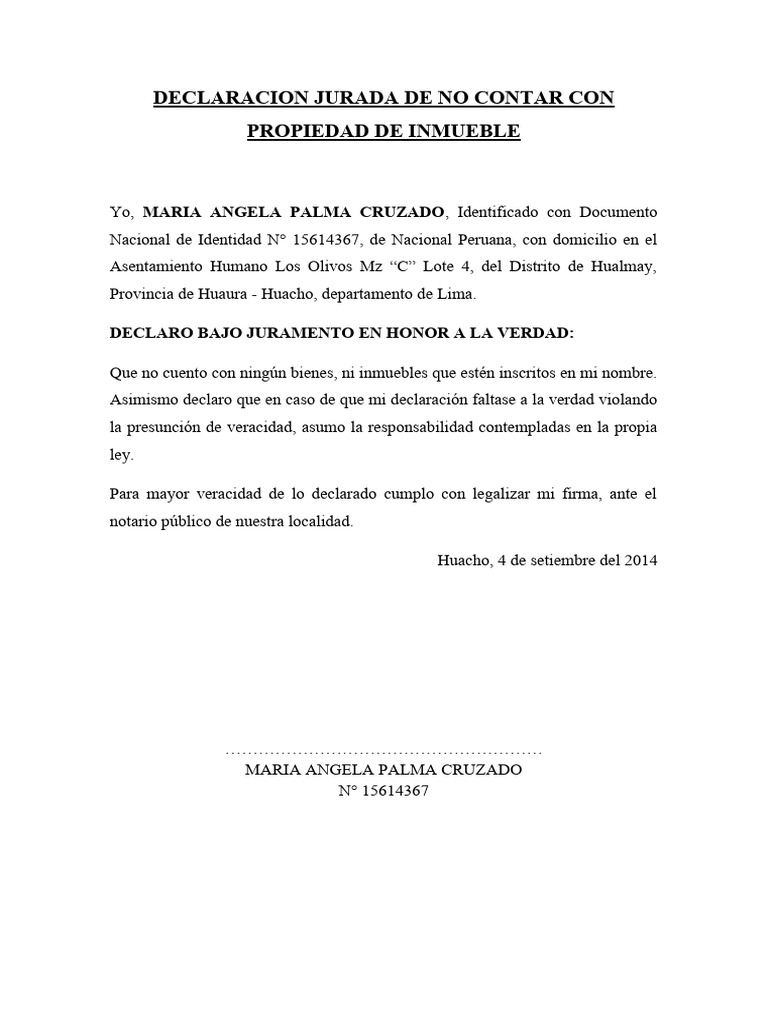 Declaracion Jurada de No Contar Con Propiedad de Inmueble | PDF | Declaración jurada | Derecho ...