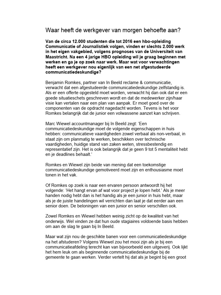 Waar Heeft de Werkgever Van Morgen Behoefte Aan | PDF