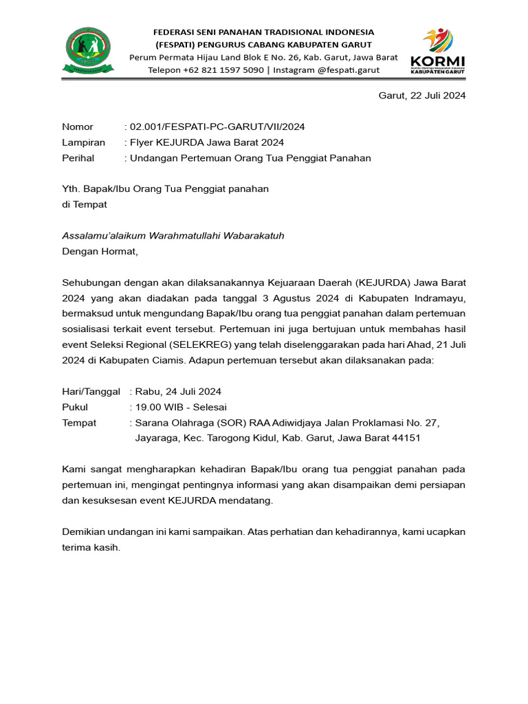 Surat Undangan Pertemuan Orang Tua - 22 Juli 2024 | PDF
