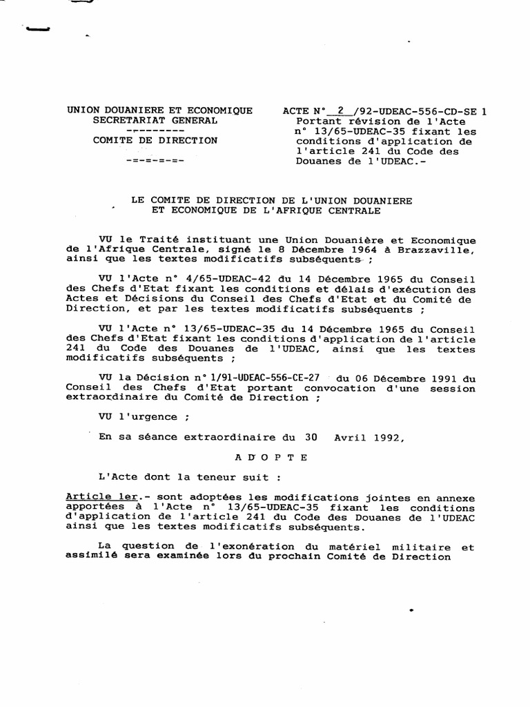 CEMAC Acte 1992 02 Exonerations Douanieres | PDF