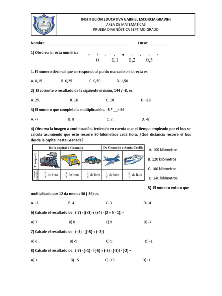 Prueba Diagnostica Matematicas Septimo Grado | PDF | Matemáticas ...