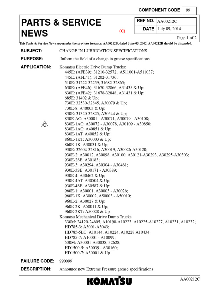 Aa00212c Change in Lubrication Specifications | PDF | Mechanical ...