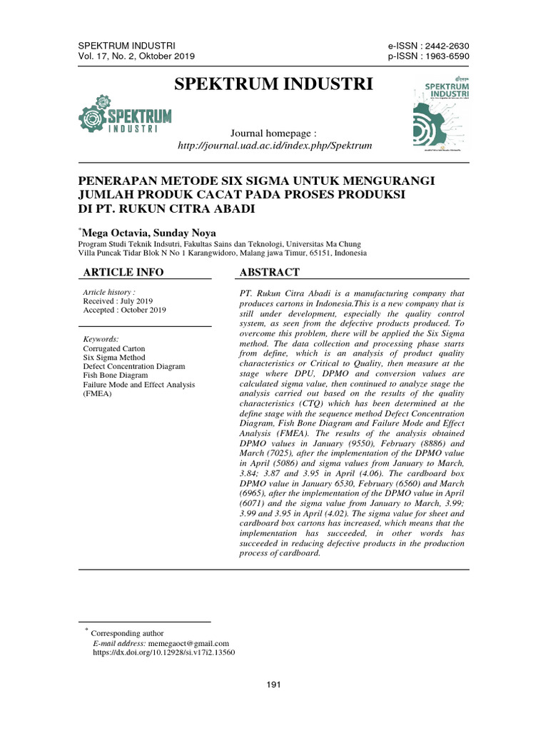 2019 - Penerapan Metode Six Sigma Untuk Mengurangi Jumlah Produk Cacat Pada Proses Produksi Di ...