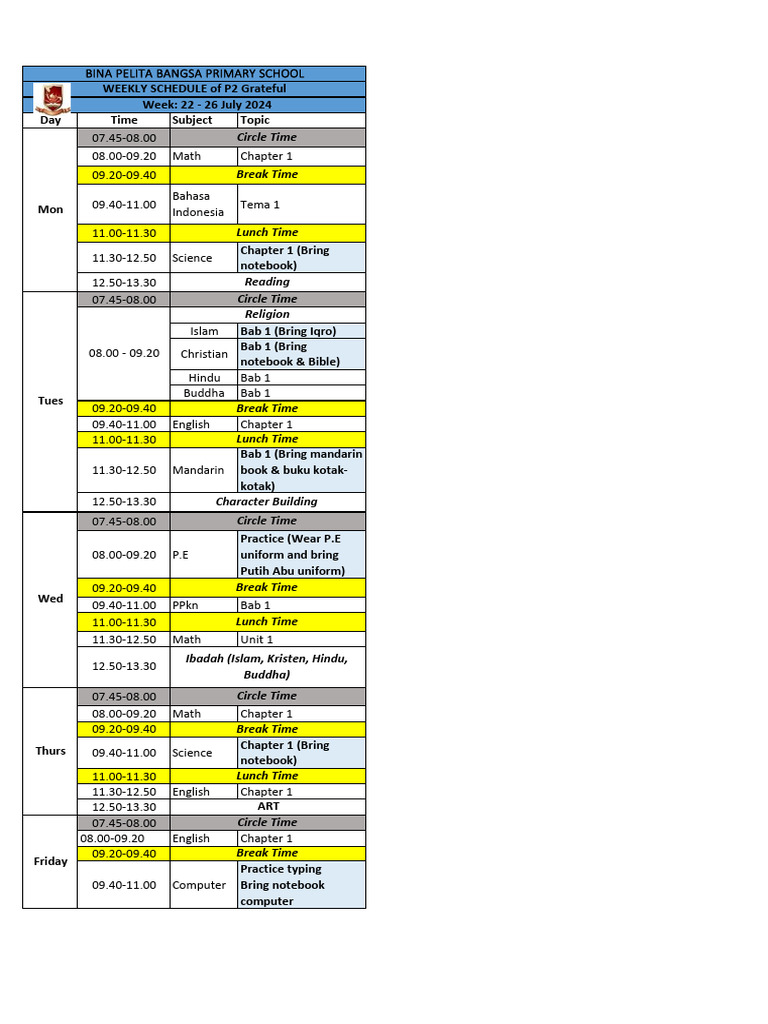 Weekly Schedule P2 Grateful 22 - 26 July 2024 | PDF | Asia ...
