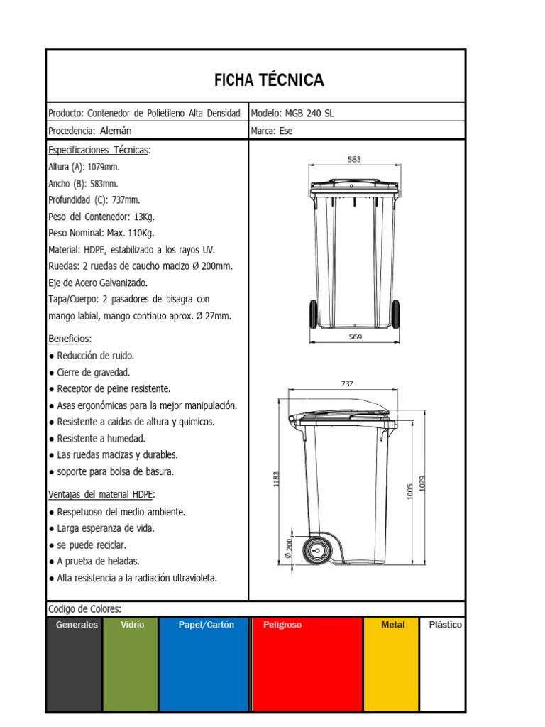 Ficha Tecnica Contenedor para Basura 240L Ese MGB 240 SL | PDF