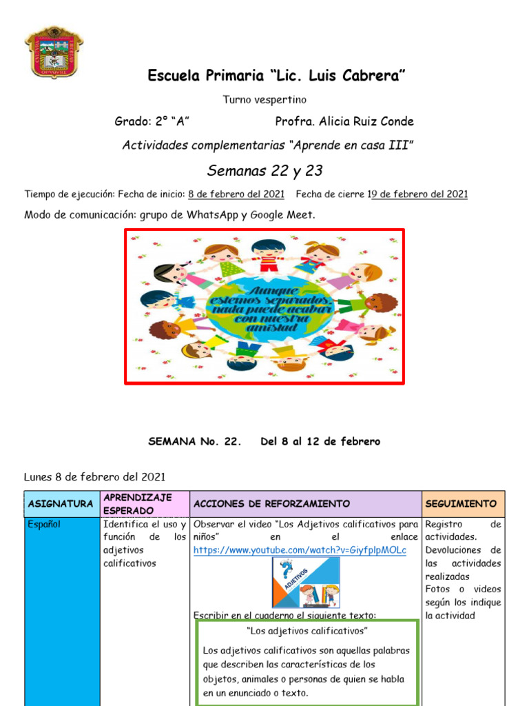 Semanas 22 y 23 Del 8 Al 19 de Febrero 2A | PDF | Aprendizaje